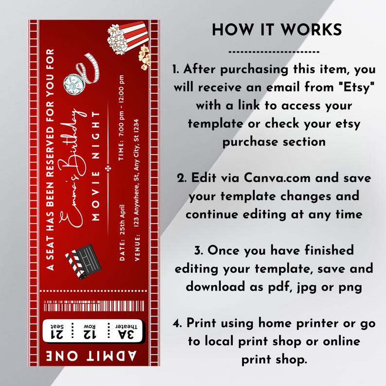 Editable Movie Ticket Birthday Invitation, Movie Party Ticket, Movie ...