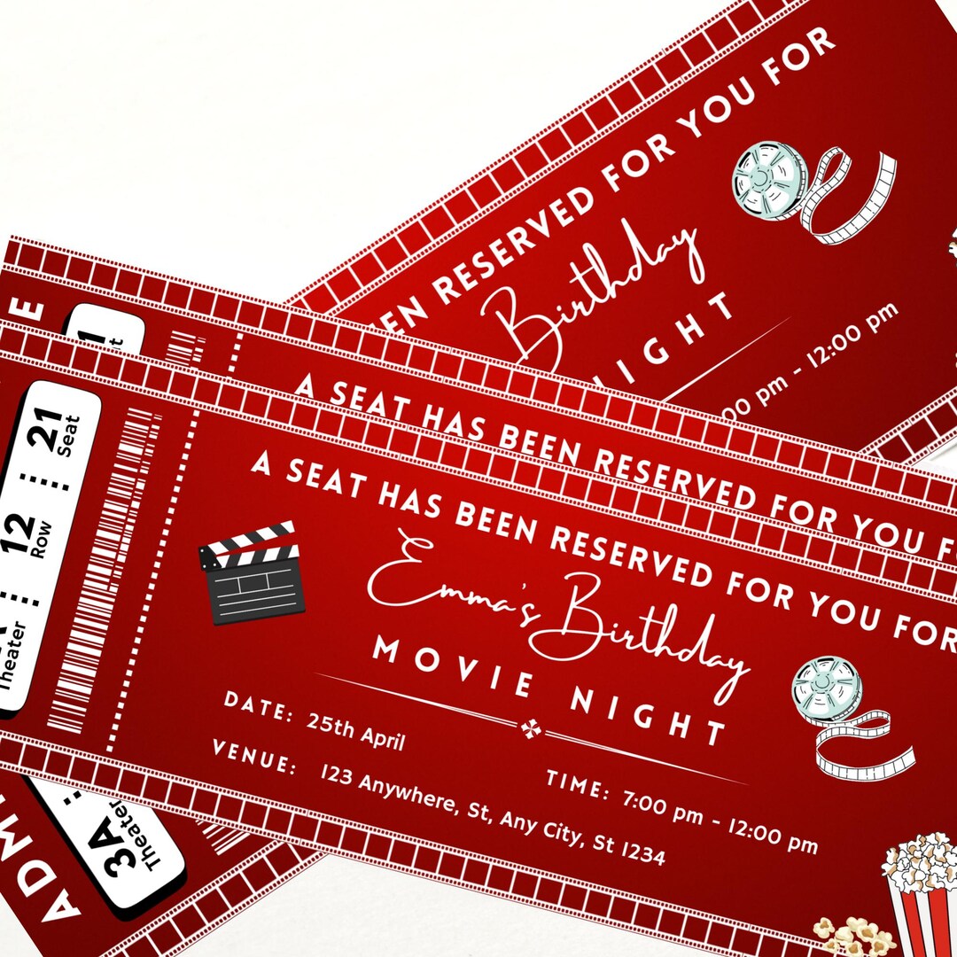 Editable Movie Ticket Birthday Invitation, Movie Party Ticket, Movie ...