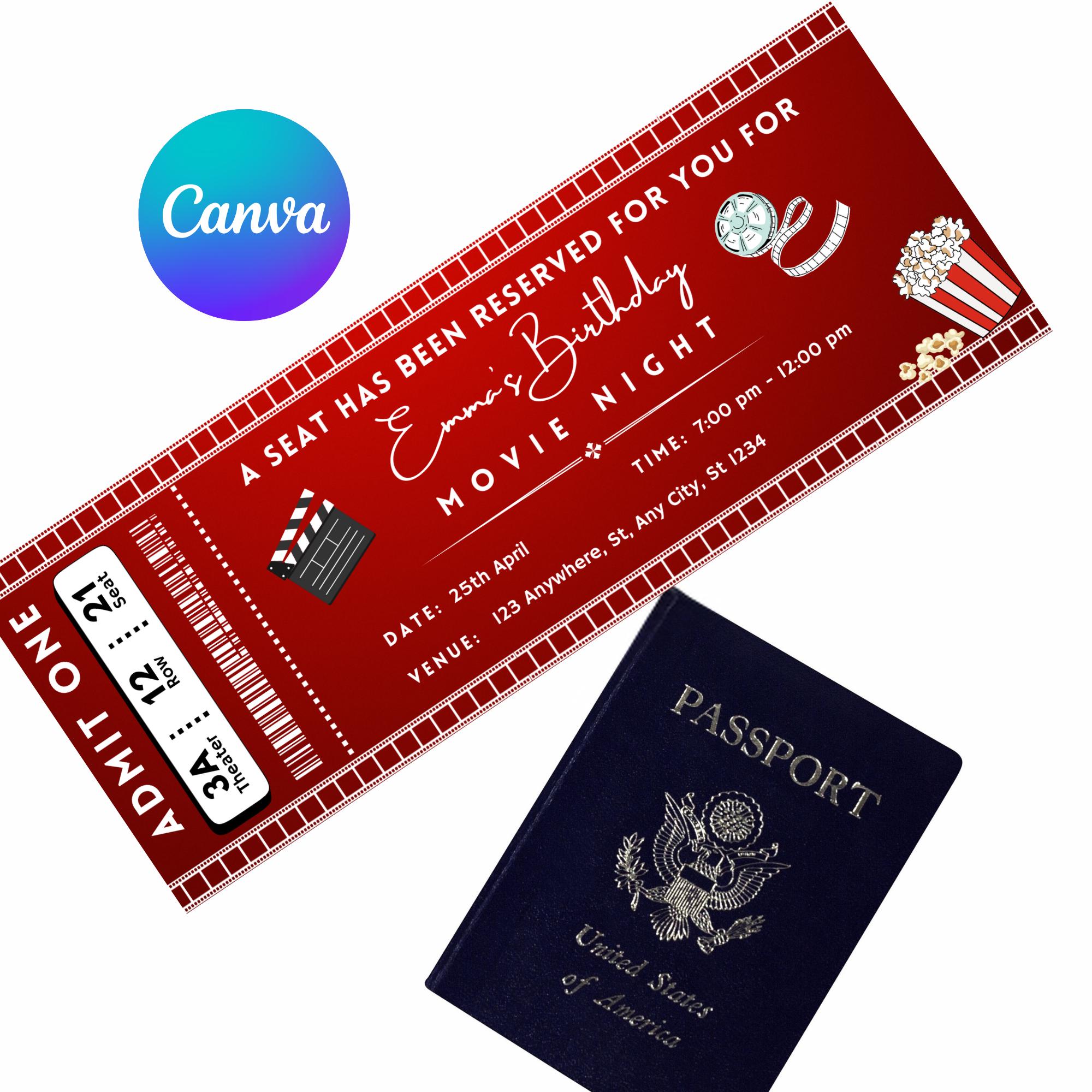 Editable Movie Ticket Birthday Invitation, Movie Party Ticket, Movie ...