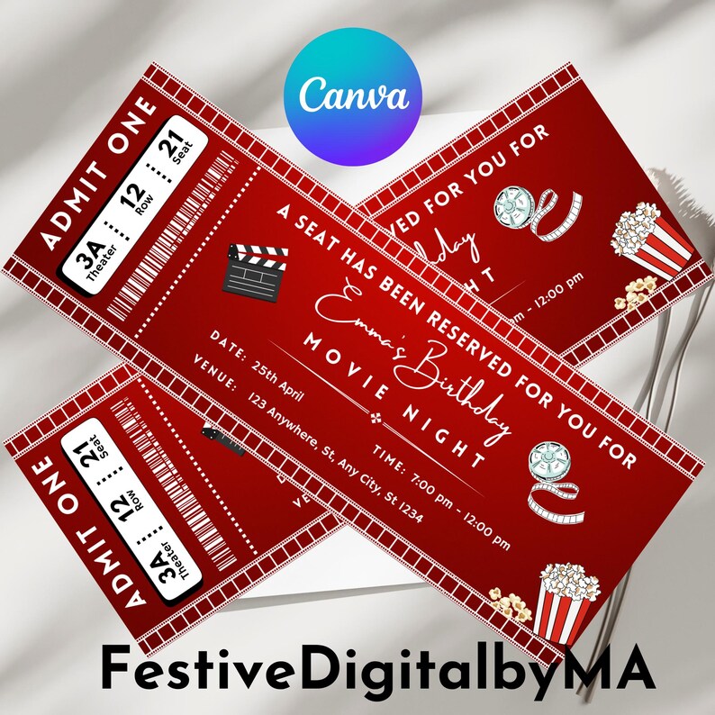 Editable Movie Ticket Birthday Invitation, Movie Party Ticket, Movie ...