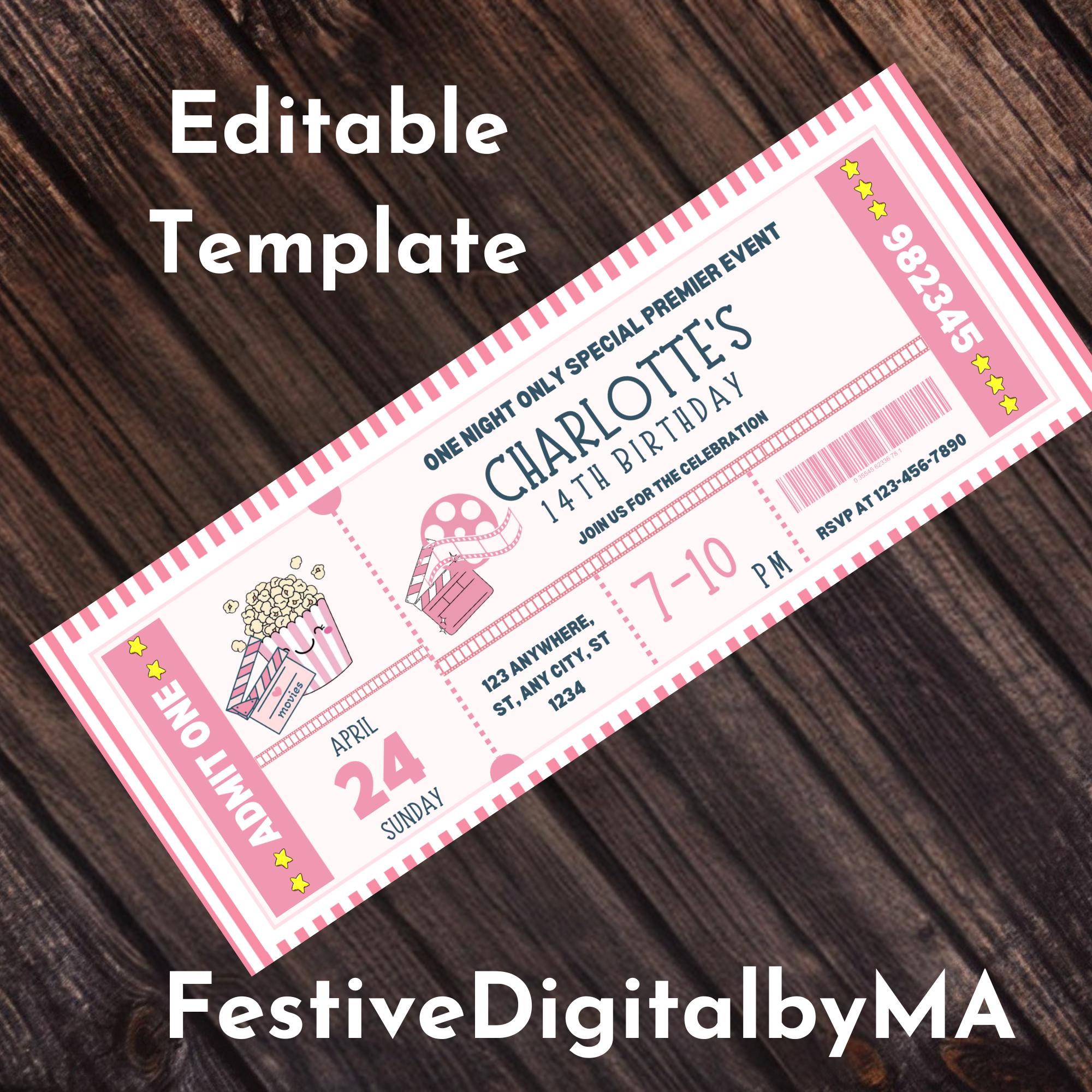 Editable Movie Night Ticket Invitation Pink Movie Ticket Invitation ...