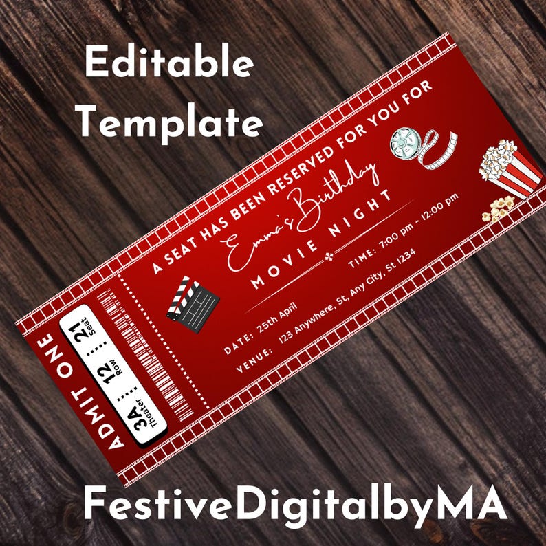 Editable Movie Ticket Birthday Invitation, Movie Party Ticket, Movie ...