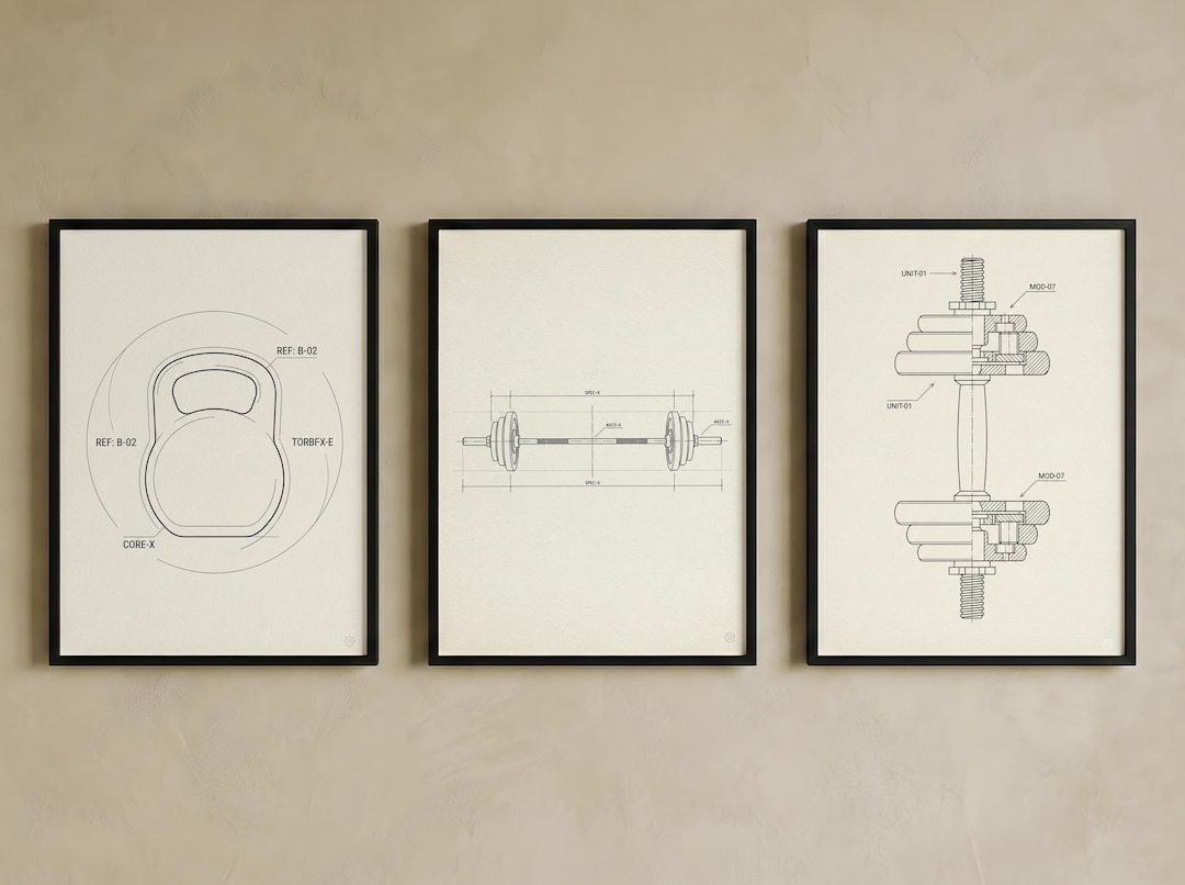 Set of 3 Gym Blueprints | Barbell Kettlebell Dumbbell Art | Home Gym ...