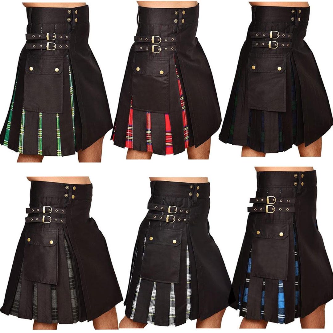 Scottish Hybrid Utility Kilts for Men Heavy Cotton With Tartan Under Pleats Modern Cargo Pockets ...