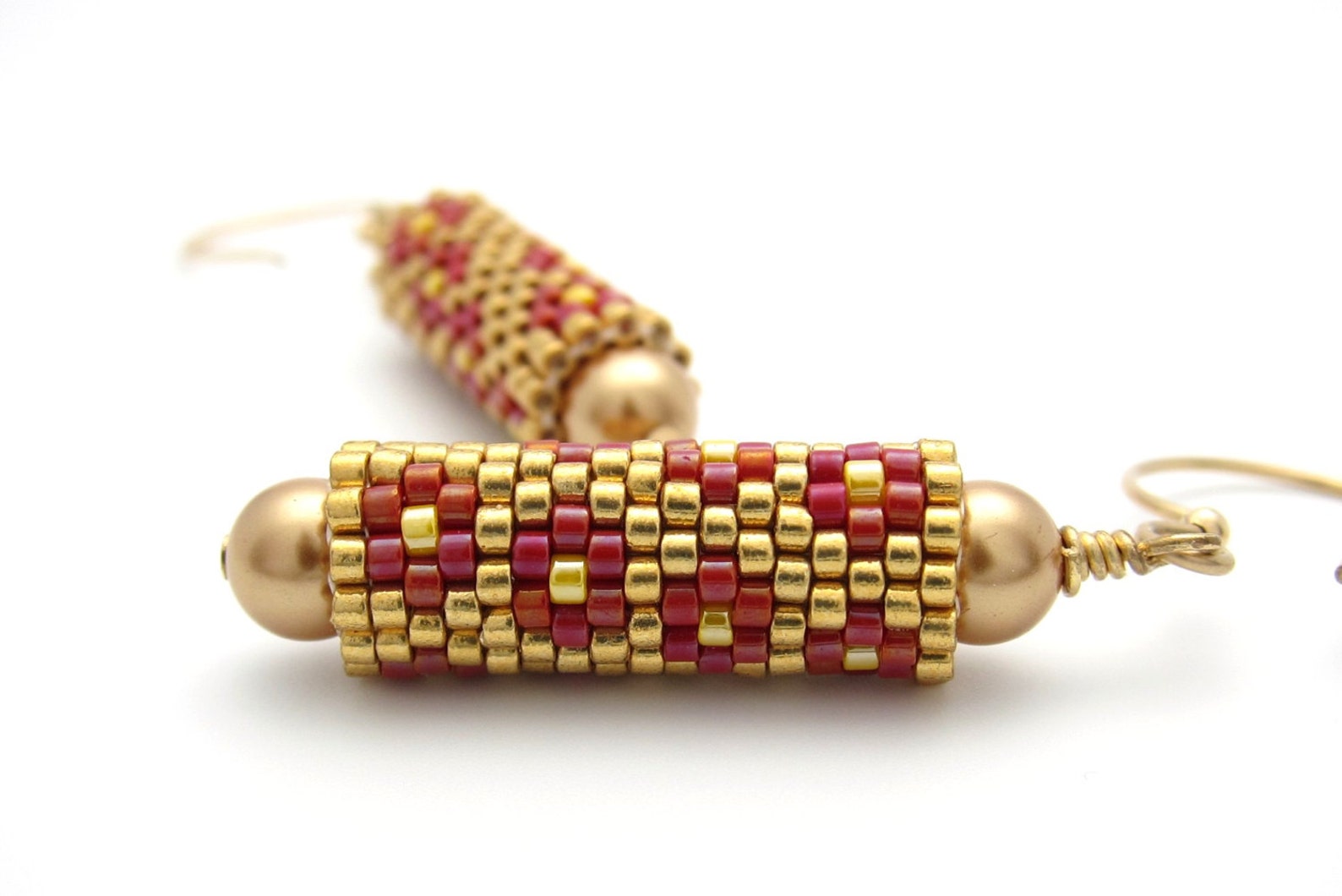 Gold Bead Earrings Beaded Earrings Beaded Bead Earrings Bead Woven ...