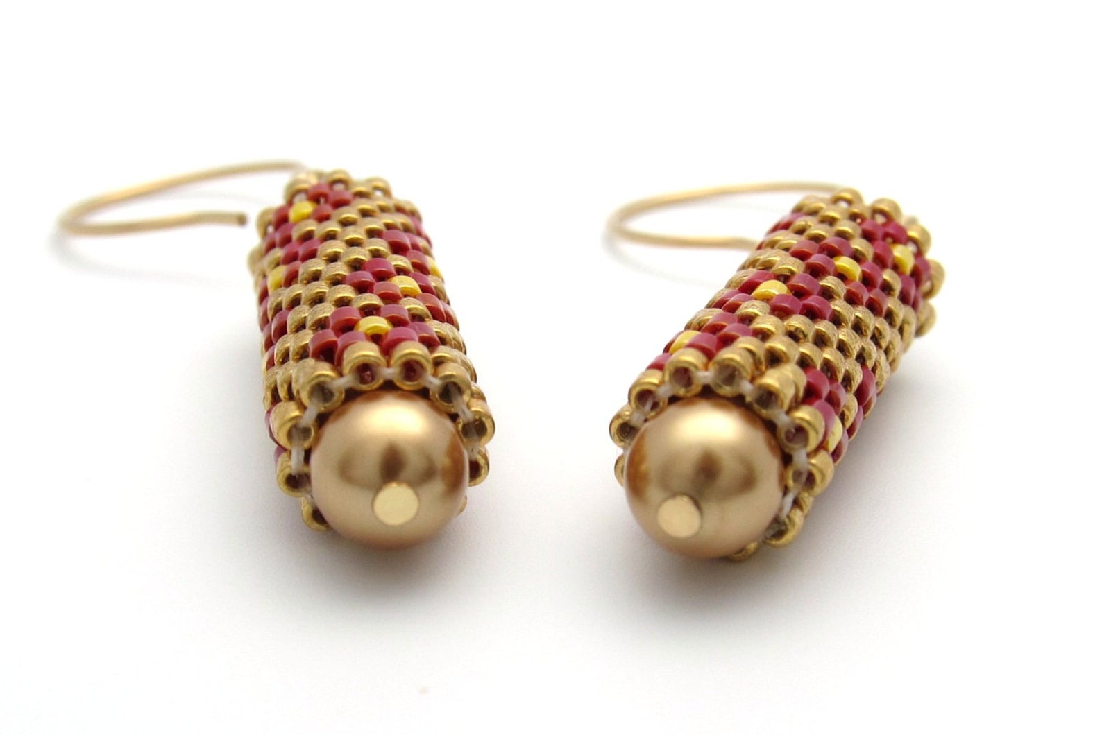 Gold Bead Earrings Beaded Earrings Beaded Bead Earrings Bead Woven ...