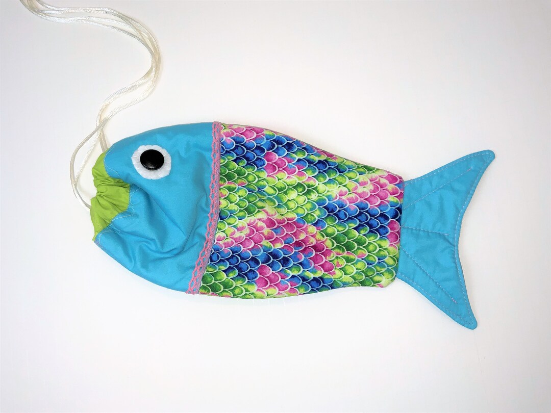 Drawstring Shoulder Bag Little Fish Shaped 10-inch Body Teal Blue Back ...