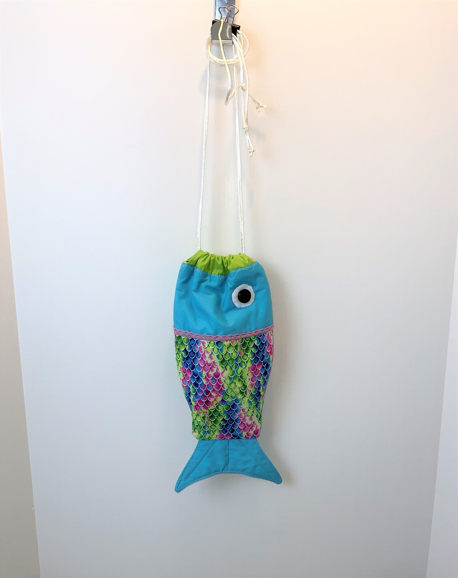 Drawstring Shoulder Bag Little Fish Shaped 10-inch Body Teal - Etsy
