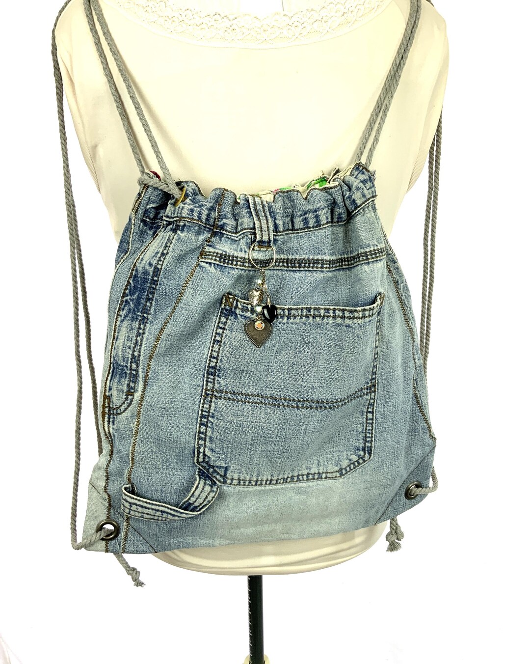 Upcycled Jeans Drawstring Shoulder Bag, Recycled Repurposed, Medium ...