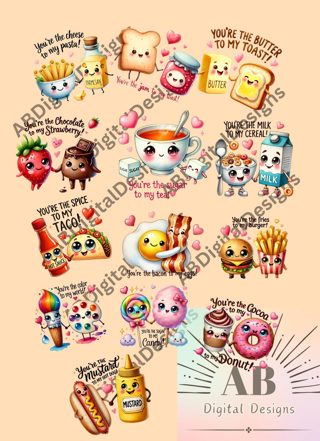 Cute Food Pairs Valentines Day Stickers | Digital Download PNG | Kawaii ...