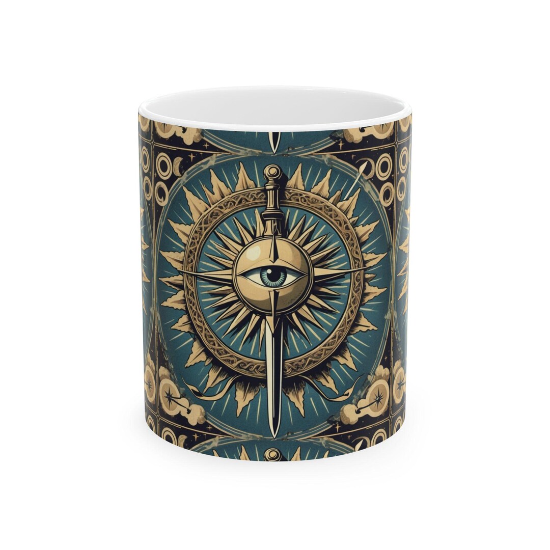 Ceramic Mug With Mystical Sun and Sword Design, Retro Aesthetic Teal ...