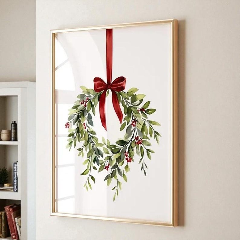 Watercolor Christmas Wreath Canvas Art, Holiday Bow - Etsy