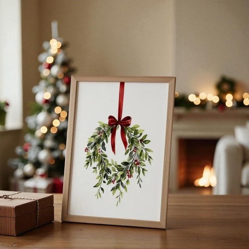 Watercolor Christmas Wreath Canvas Art, Holiday Bow - Etsy