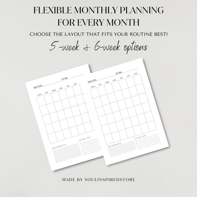 Undated Monthly Calendar | Printable Minimalist Planner | Perpetual ...