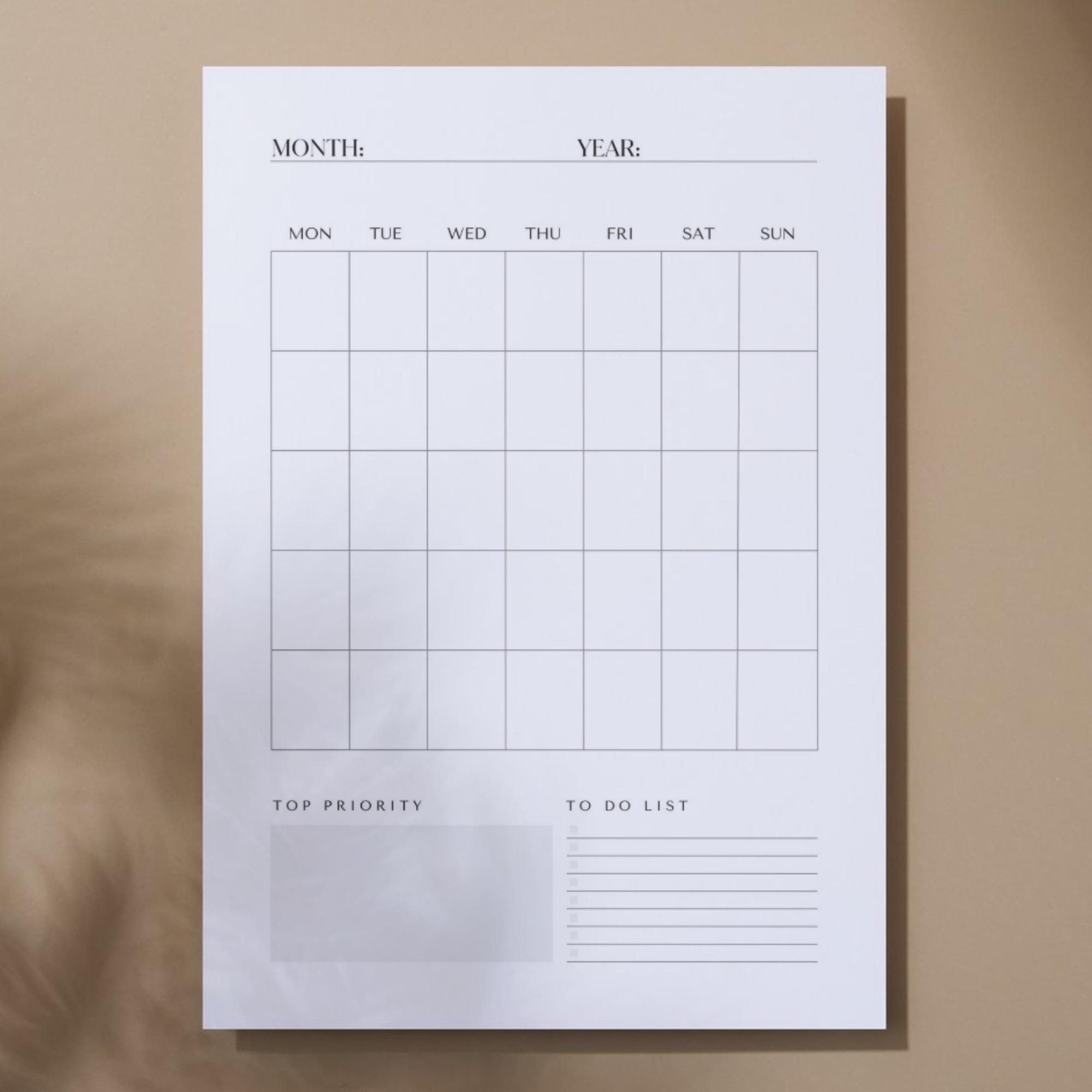 Undated Monthly Calendar | Printable Minimalist Planner | Perpetual ...