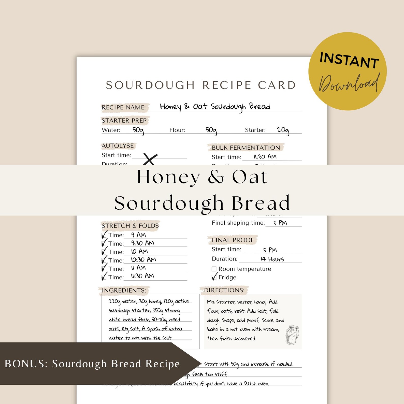 Sourdough Recipe Card Printable | Bread Baking Planner Insert PDF - Etsy