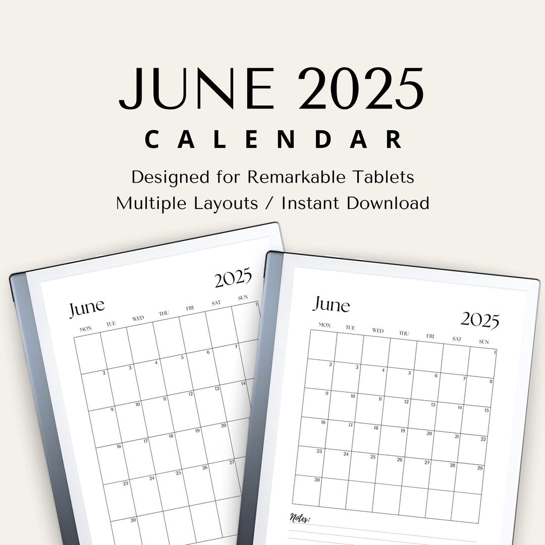 June 2025 Calendar for Remarkable – Minimalist Digital Monthly Planner ...