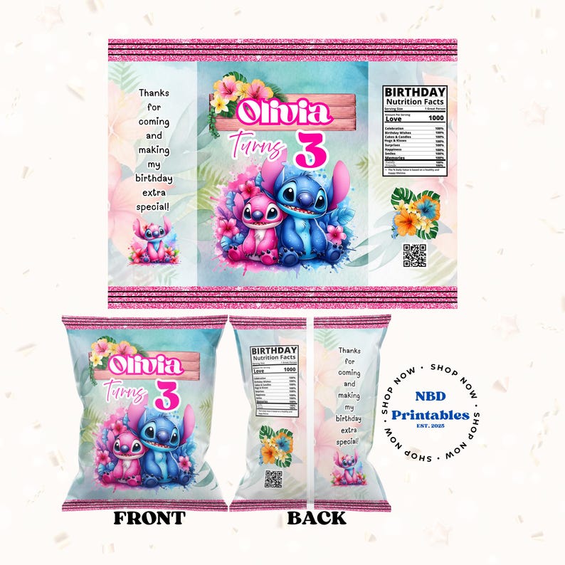 Editable Stitch & Angel Chip Bag Template: Party Favor (digital ...