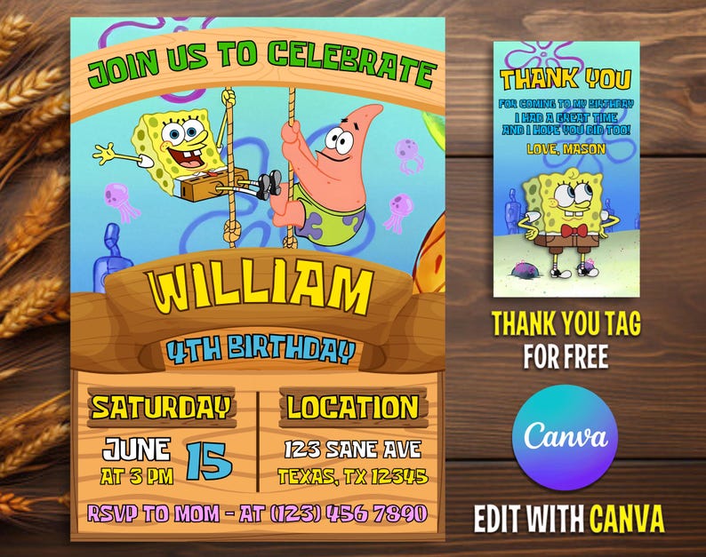 Spongebob Invitation, Spongebob Birthday, Spongebob Print, Spongebob ...
