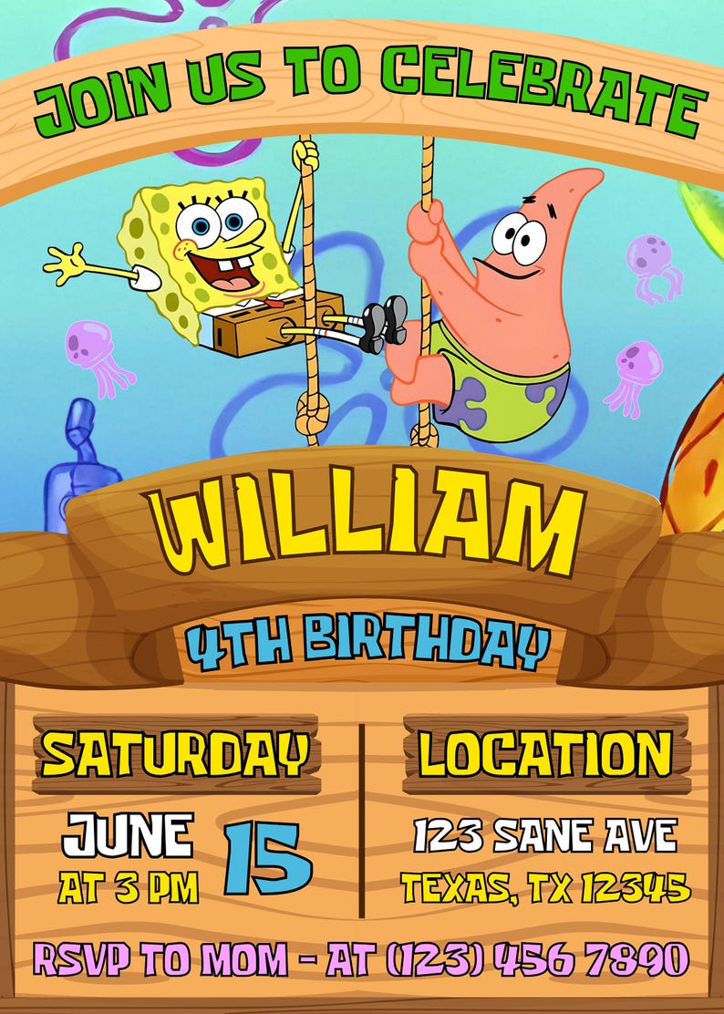 Spongebob Invitation, Spongebob Birthday, Spongebob Print, Spongebob ...