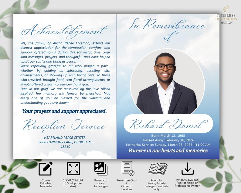 Funeral Program Template Bifold | Blue Neutral Memorial Service ...