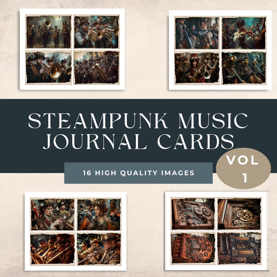 Steampunk Musical Junk Journal Landscape Cards, Marching Band Digital ...