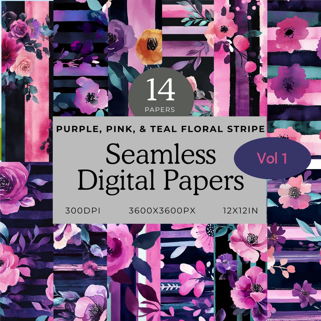 Purple, Pink, and Teal Digital Papers, Floral and Striped Printable ...