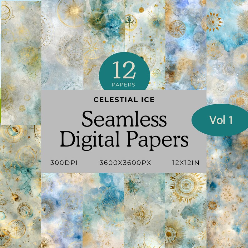 Blue Gold Mystical Seamless Digital Paper, Celestial Symbols ...