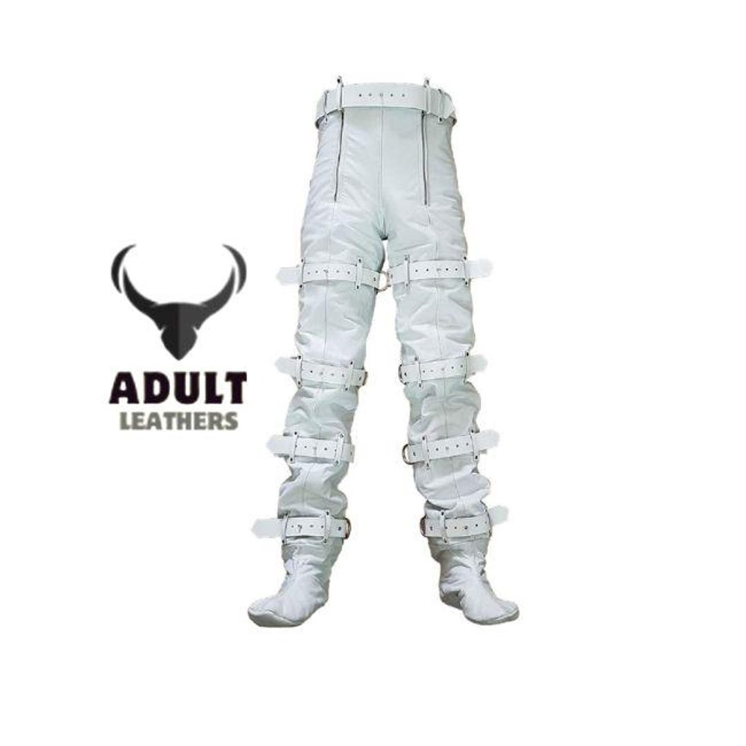 Men’s White Leather Locking Bondage Jeans – Rear Zip Chastity Pants ...