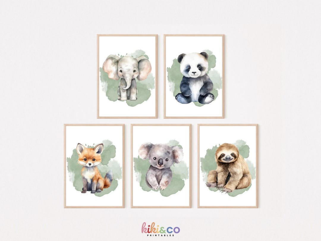 Cute Animal Posters Set Green, Neutral Nursery Wall Art, Kids Room ...