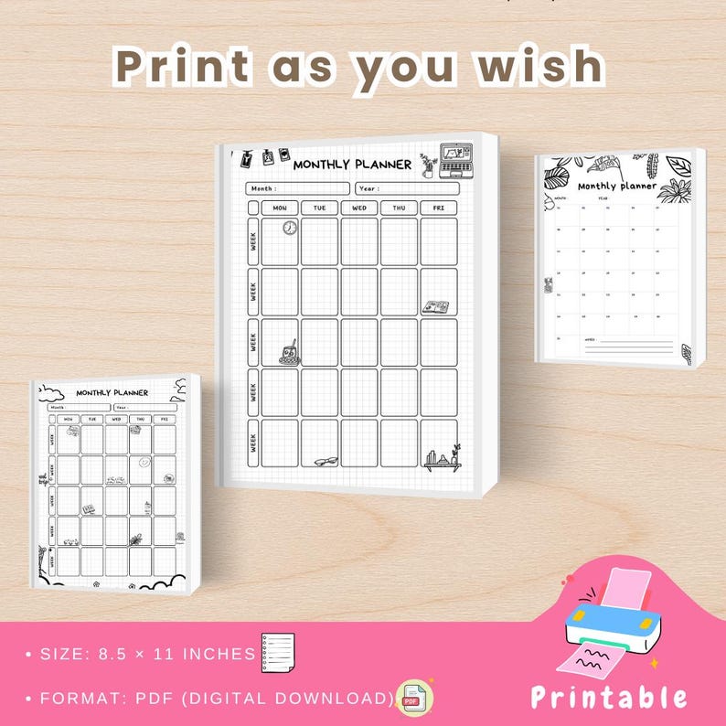 Minimal Monthly Planner Printable Bundle | Plant & Doodle Theme ...