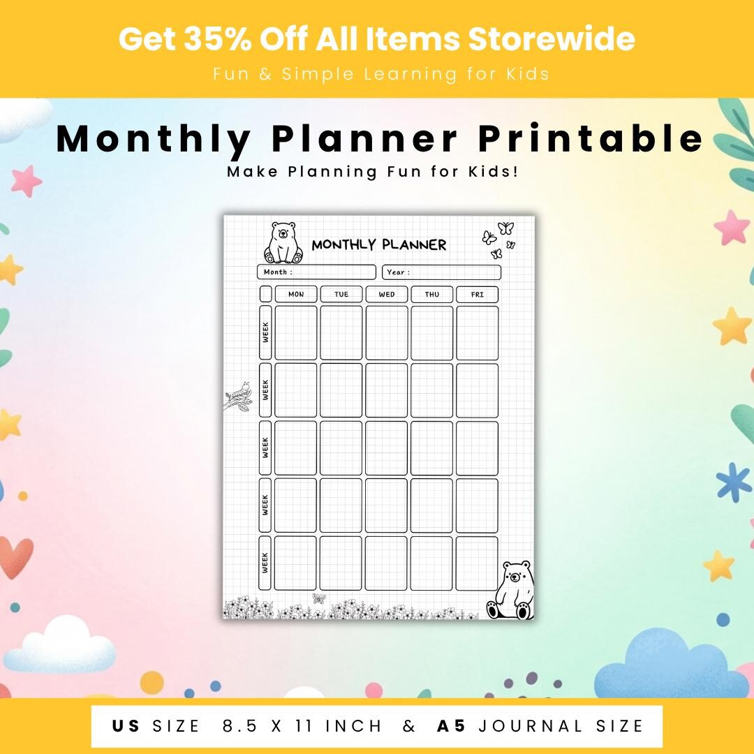 Bear Monthly Planner Printable for Kids | Undated One Page Routine ...