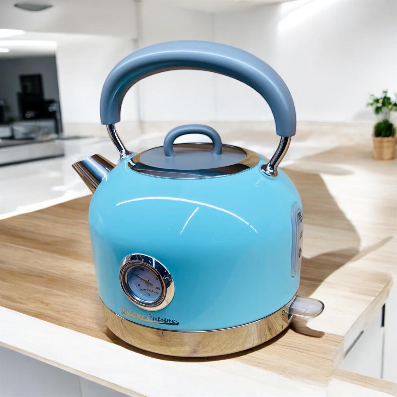 Vintage-style Blue Whistling Kettle With Thermometer – Retro Stainless ...