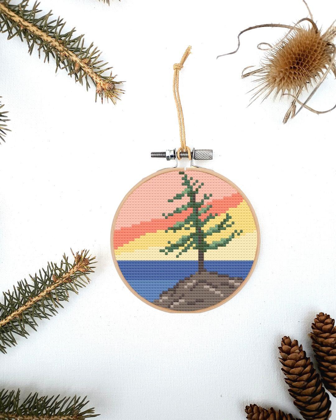 Windswept Pine Tree Cross Stitch Ornament Pattern: Retro Landscape (PDF ...