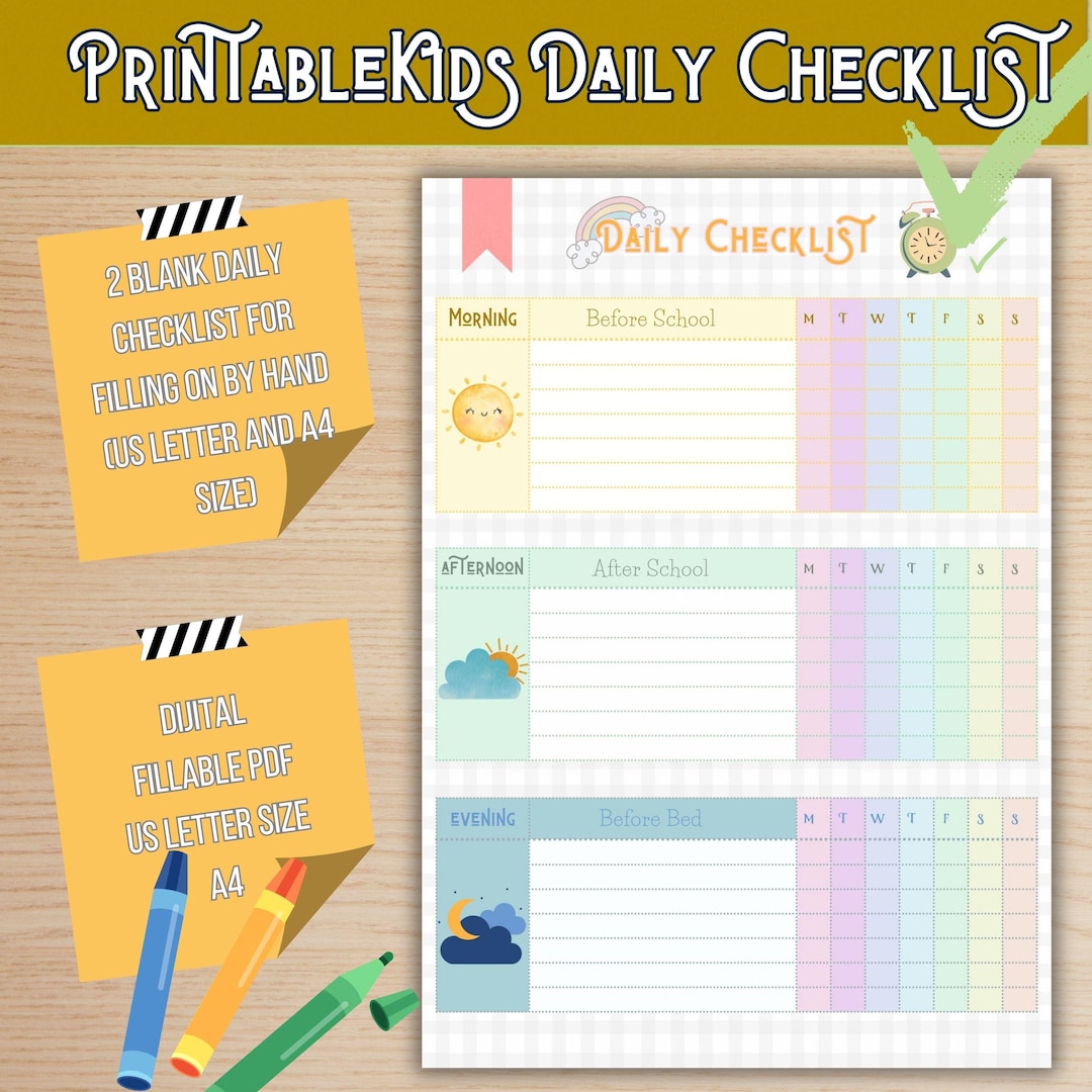 Kids Daily School Checklist Schedule Printable,daily Checklist Planner ...
