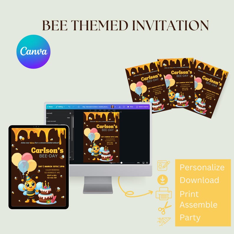 Bee Birthday Invitation: Editable Honeycomb Party Invite (digital ...