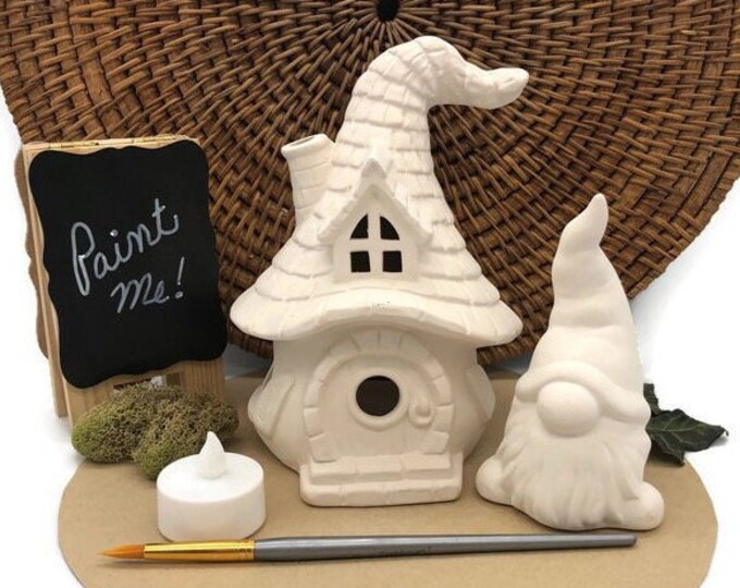 Garden Gnome House and Figure Set, Ceramic Bisque, Ready to Paint ...