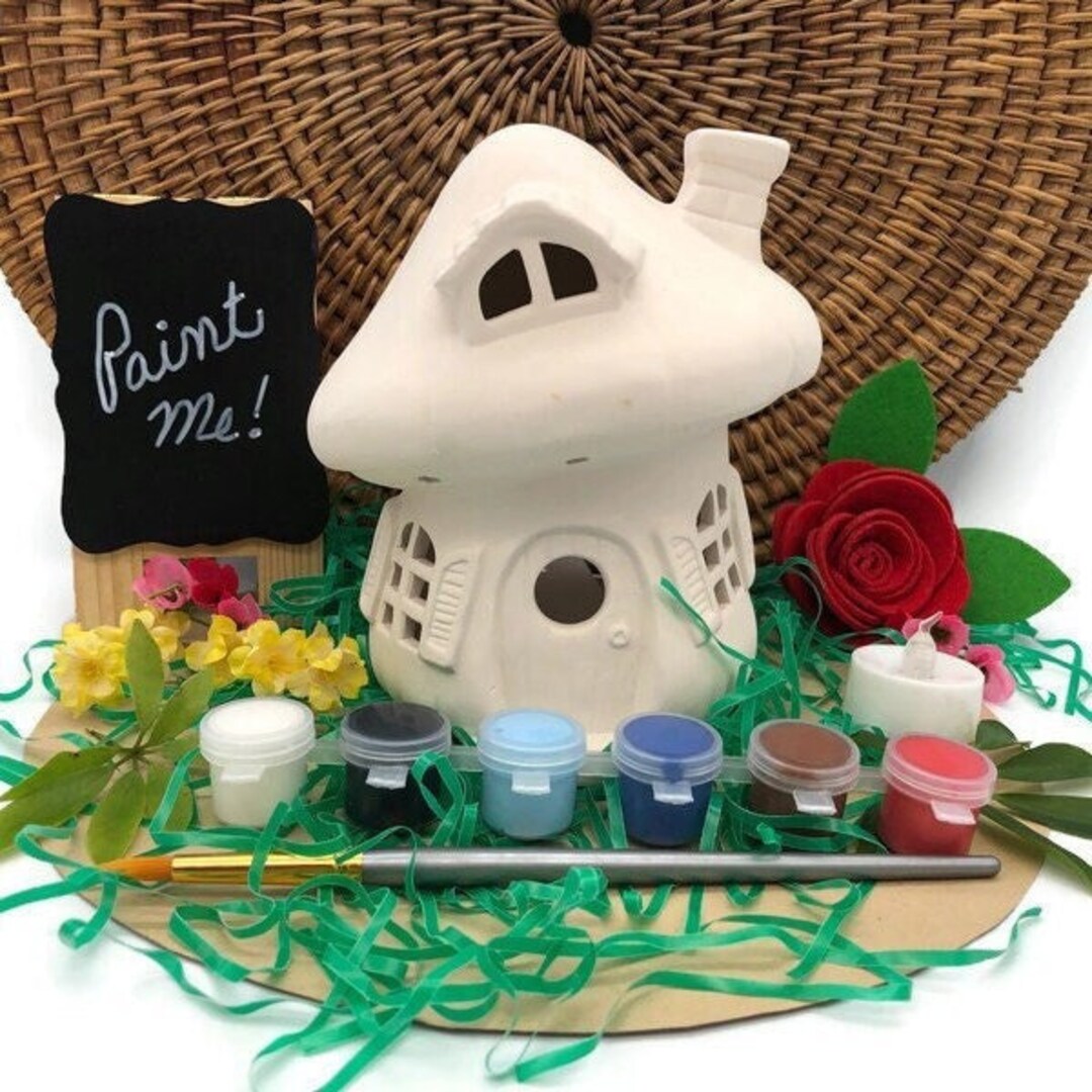 Mushroom House Craft Kit With Acrylic Paint Set, Ceramic Bisque, Tea ...