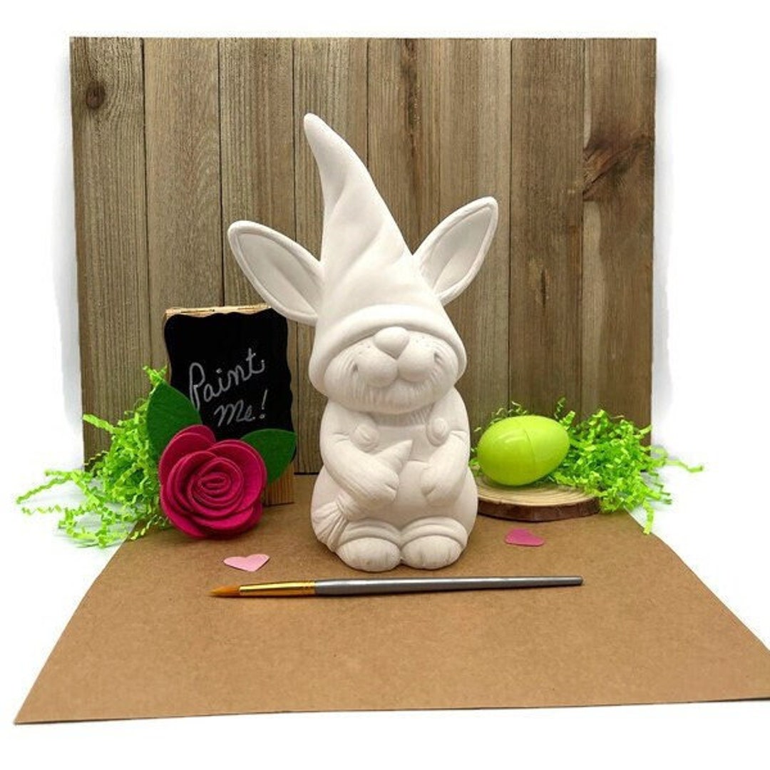 Easter Gnome in Overalls With Bunny Ears and Carrot, Ceramic Bisque ...