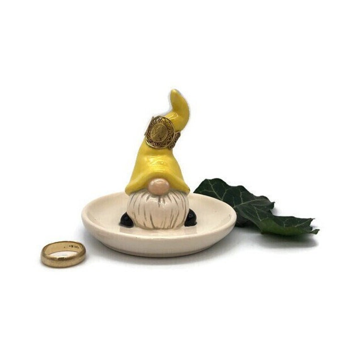 Gnome Ring Holder and Jewelry Dish, Tall Yellow Hat, Hand Painted ...
