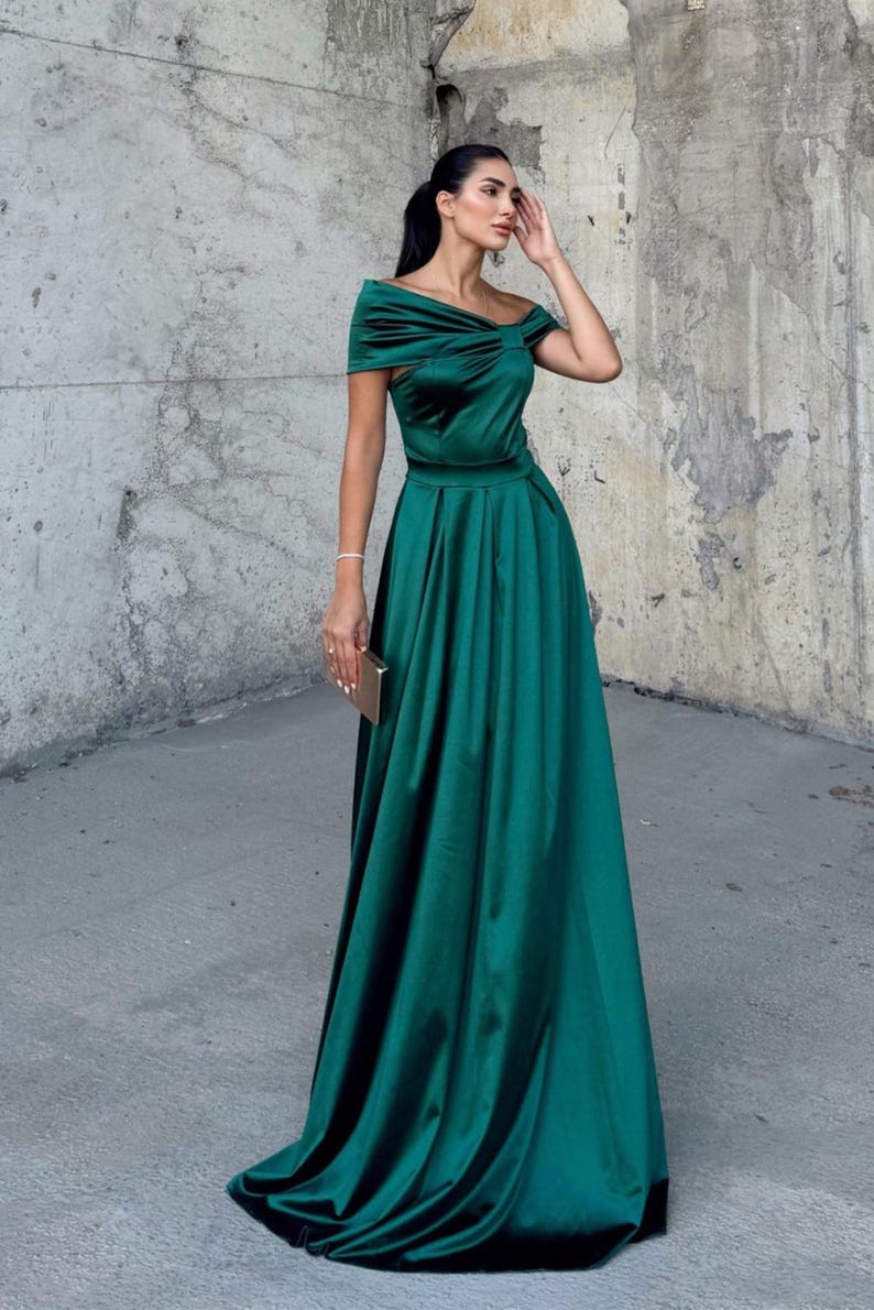 Emerald Green Satin off Shoulder Gown for Women | Elegant Floor Length Prom Dress | Formal ...