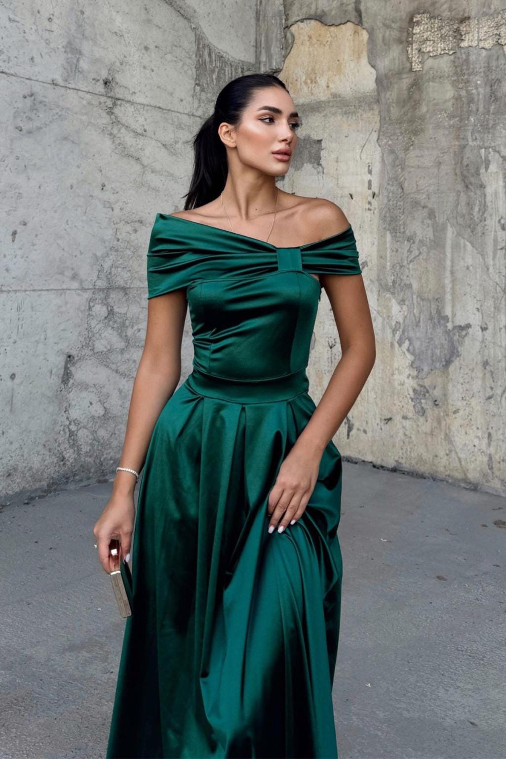 Emerald Green Satin off Shoulder Gown for Women | Elegant Floor Length Prom Dress | Formal ...