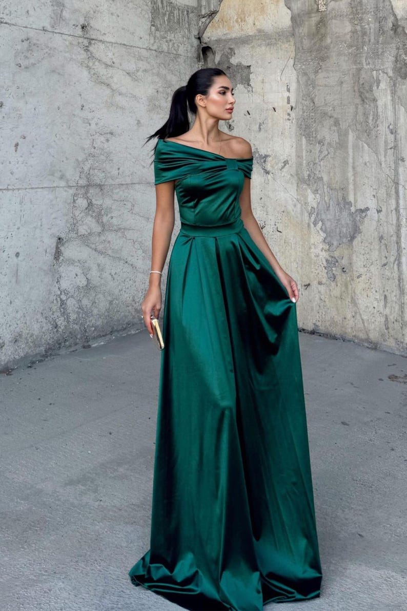 Emerald Green Satin off Shoulder Gown for Women | Elegant Floor Length Prom Dress | Formal ...