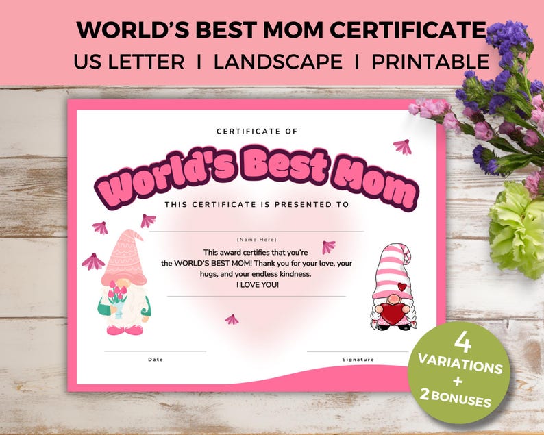 Printable World’s Best Mom Certificate, Mother’s Day Award and Keepsake ...