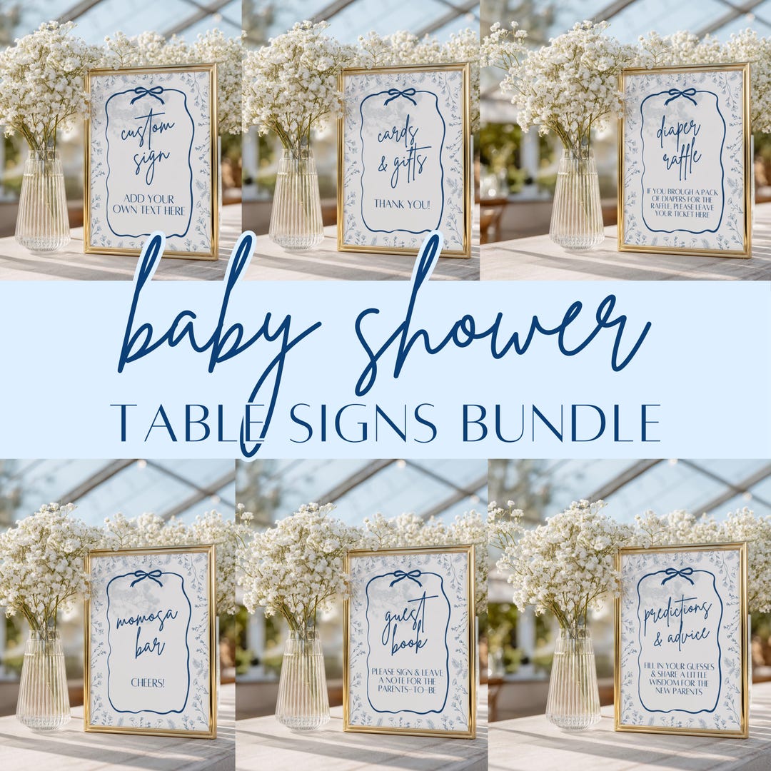 Blue Bonjour Bebe Floral Baby Shower Table Signs Bundle, Boy Baby ...