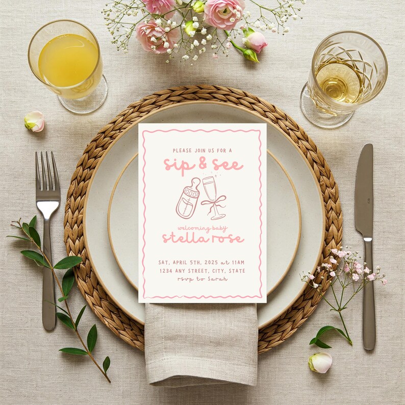 Pink Sip and See Welcome Sign: Editable Baby Brunch Template (digital ...