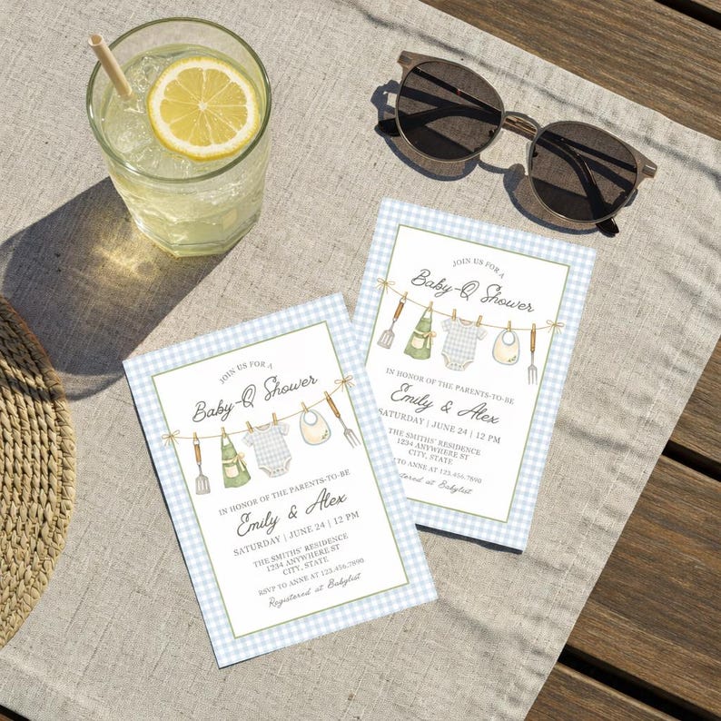 Babyq Invite, Baby-q Shower Invitation, Blue Gingham Backyard Baby ...