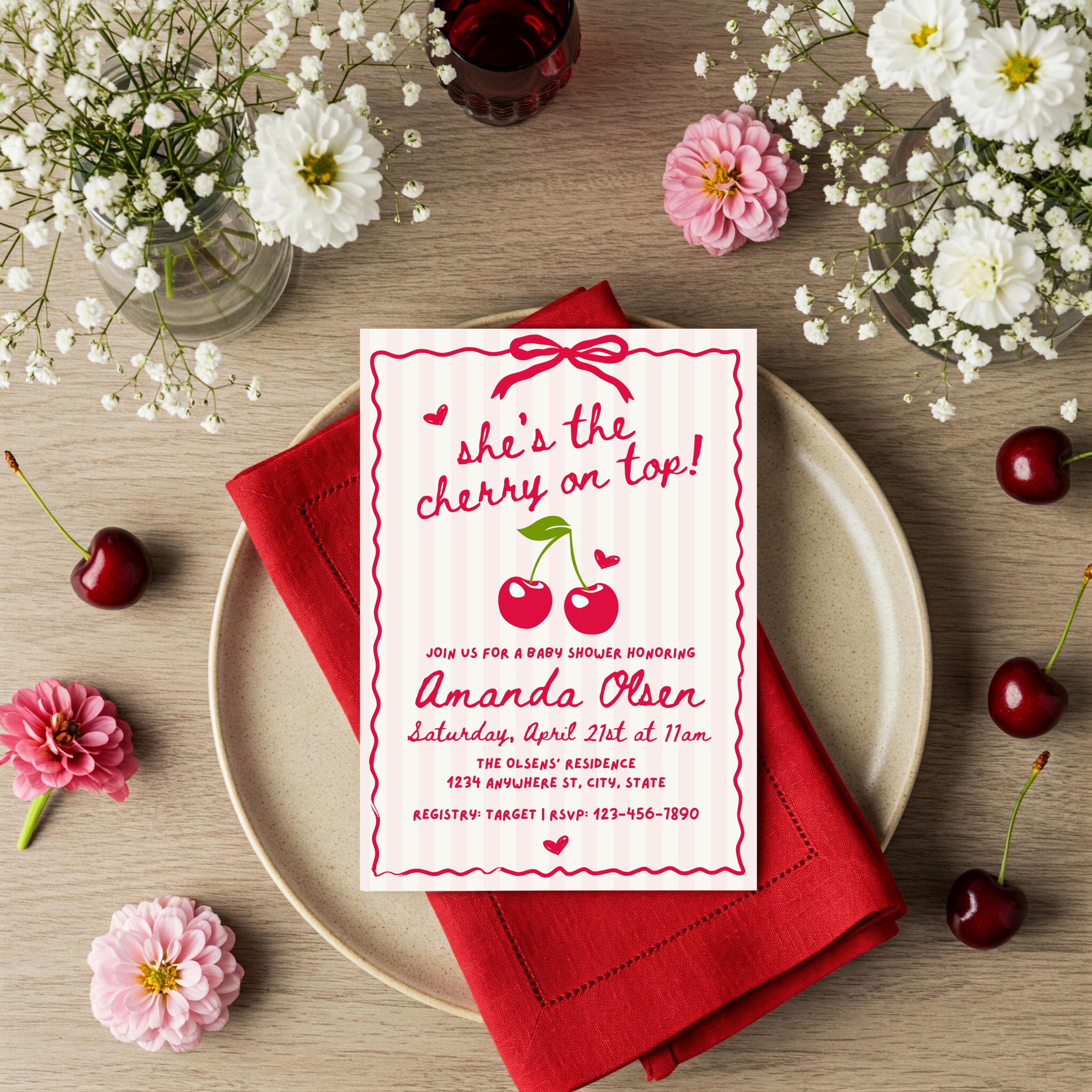 She's the Cherry on Top Baby Shower Invite, Cherry Theme Girl Baby ...