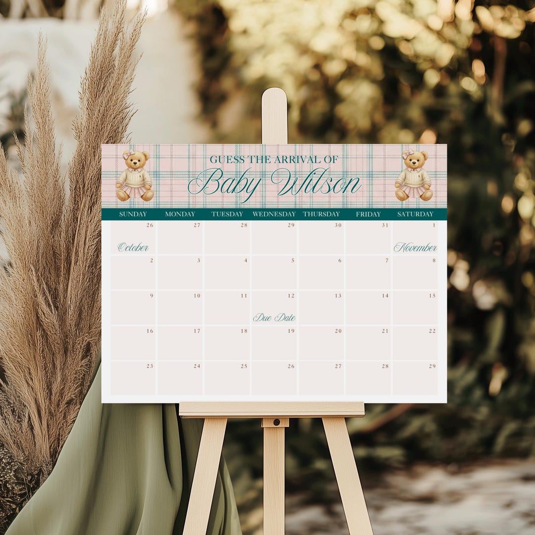 Pink Plaid Teddy Bear Baby Shower Guess the Due Date Calendar, Preppy ...