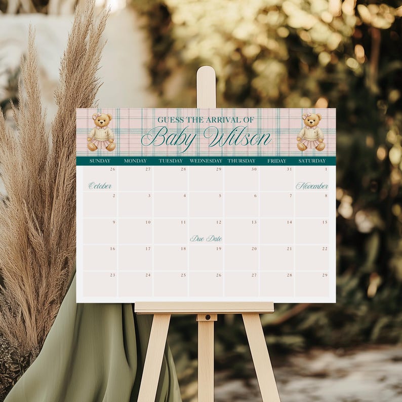 Pink Plaid Teddy Bear Baby Shower Guess the Due Date Calendar, Preppy ...